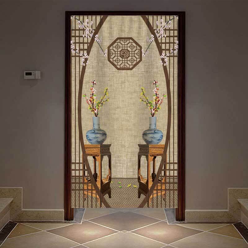 Chinese style checkered double-sided fabric door curtain, retro Zen ...