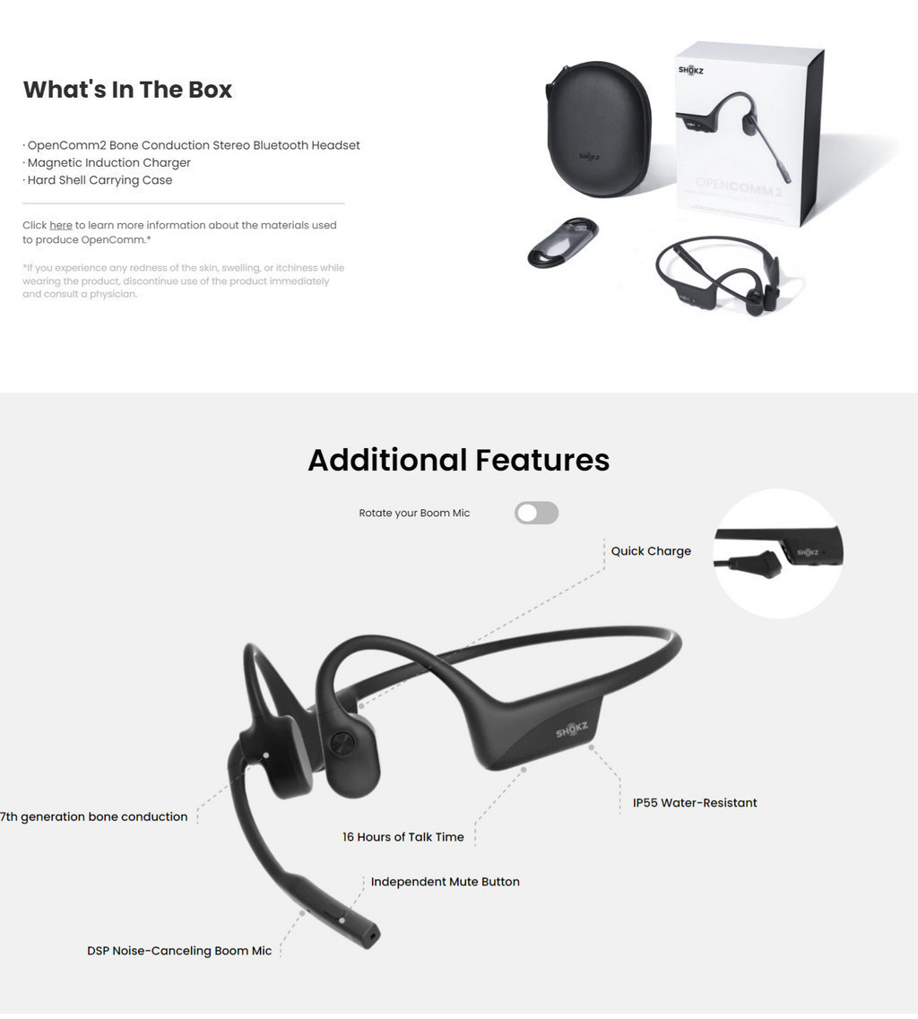 Shokz OpenComm 2 Wireless Stereo Bone Conduction Bluetooth Headset ...