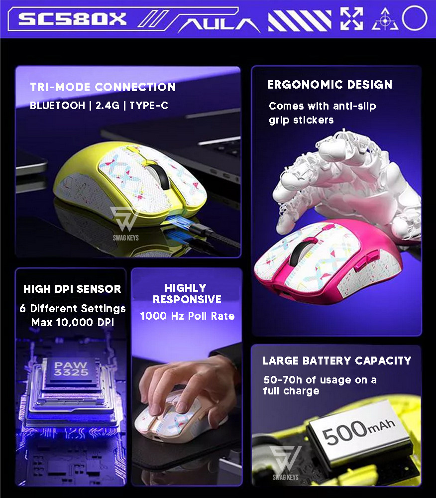 【SG】AULA SC580X Lightweight Wireless High DPI Poll Rate Gaming Mouse ...