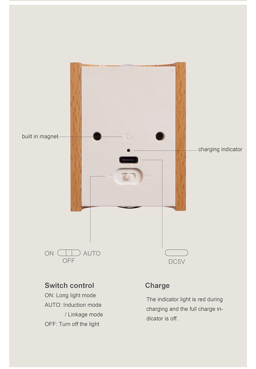 Linkage Wooden Motion Sensor Night Lights USB Rechargeable Wireless LED ...