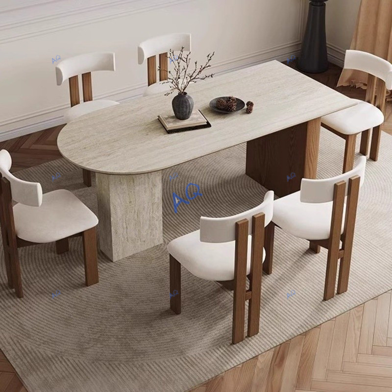 MAQ Dining Table French Retro Solid Wood Dining Table Travertine Rock ...