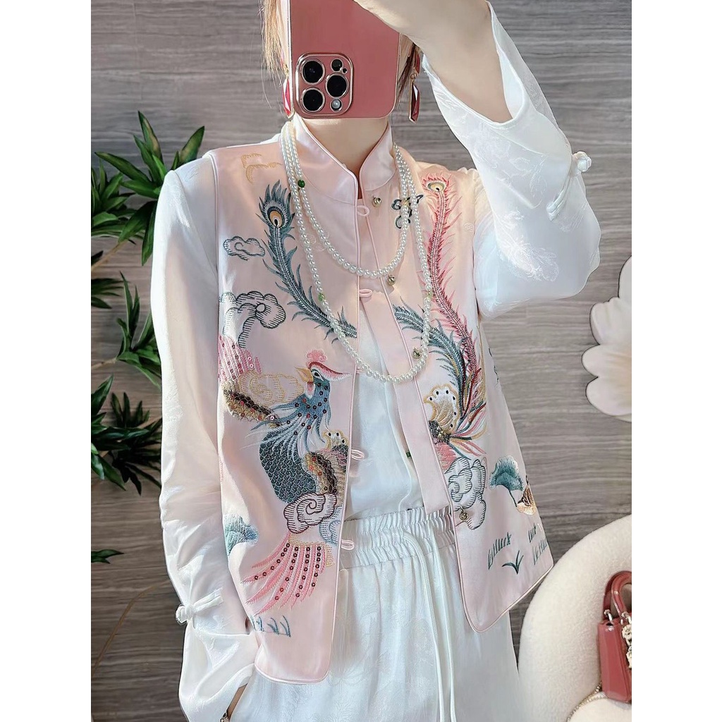Women's High-end Buckle Vest Satin Heavy Industry Phoenix Embroidery ...