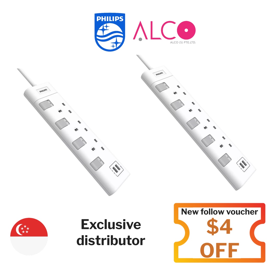 Philips Extension Lead 2 USB charging ports 2.4A Max Individual on/off ...