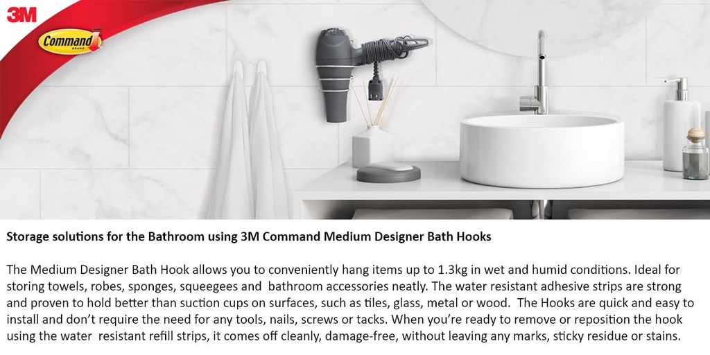 3M™ Command™ Medium Bath Hooks, 17081B, Water Resistant, No Surface ...