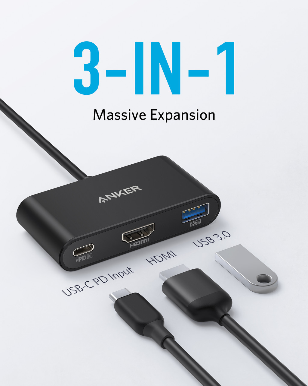 Anker PowerExpand 3 in 1 USB C PD Multi Function Hub with 4K HDMI, 100W Power Delivery, USB 3.0 ...