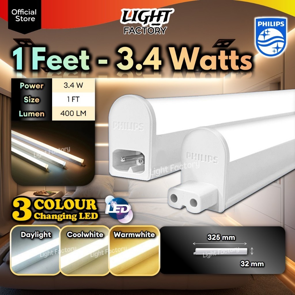 NEW PHILIPS 3 Colour LED T5 Batten Light 1FT 3.4W || 2FT 6.5W || 3FT 9 ...