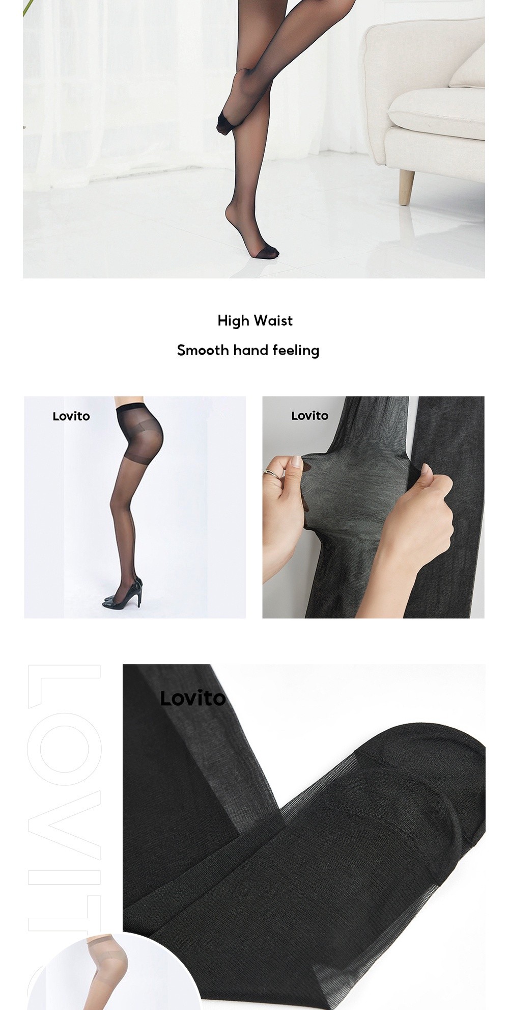 Lovito Sexy Plain Sheer Control Top Footed Tights Silk Stockings High ...