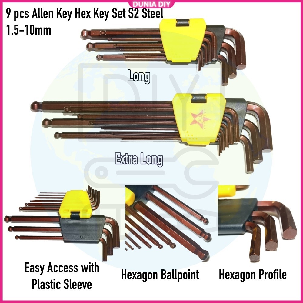 9 Pcs Allen Key Hex Key Set Ball Point Flat Head Extra Long L-Key S2 ...