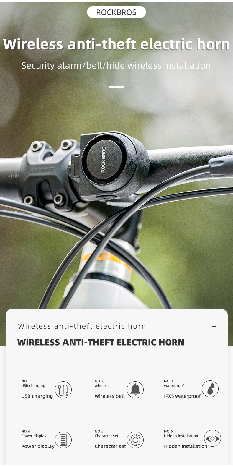 ROCKBROS Bicycle Bell Wireless Remote Control Electric Horn Anti Theft ...