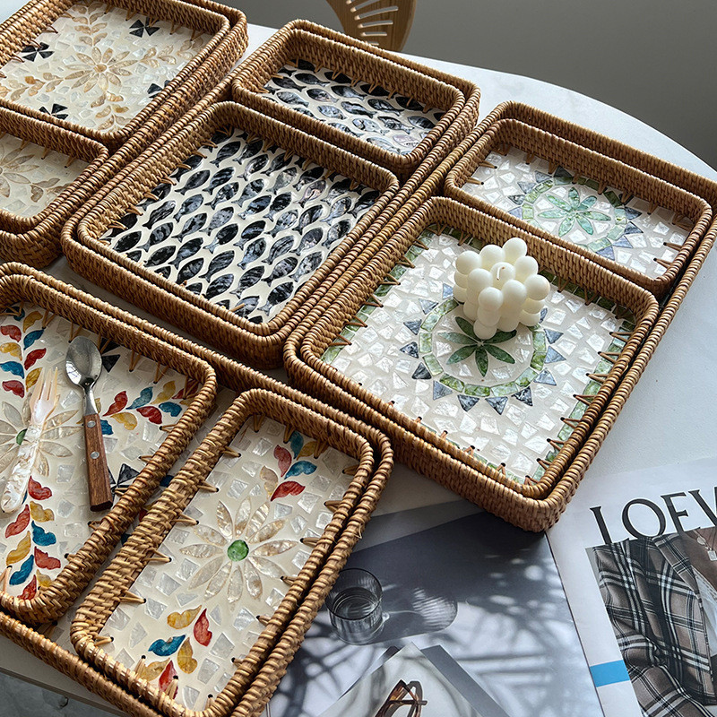 Hand-woven rectangular rattan tray Exquisite mother-of-pearl inlaid ...