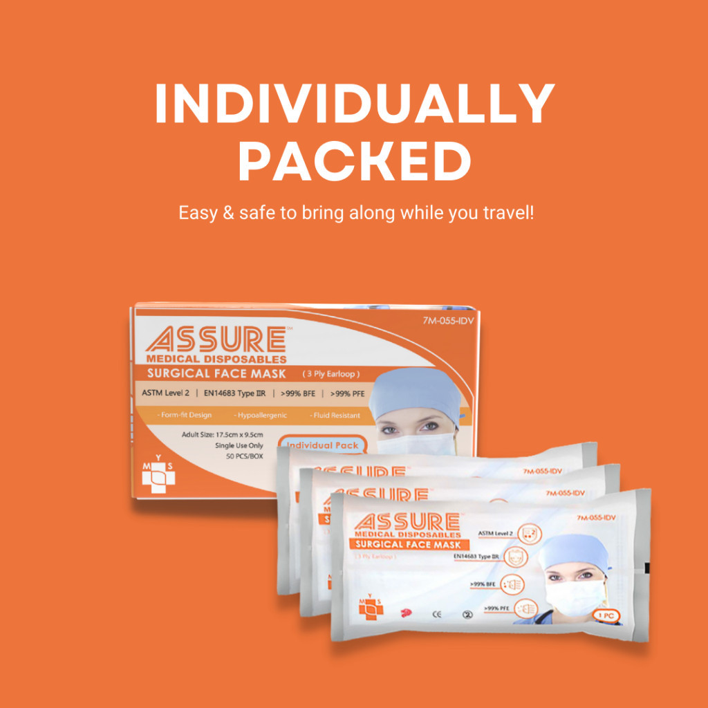 ASSURE Surgical Face Mask 3-Ply With Ear- Loop Individual Packed, 50 ...
