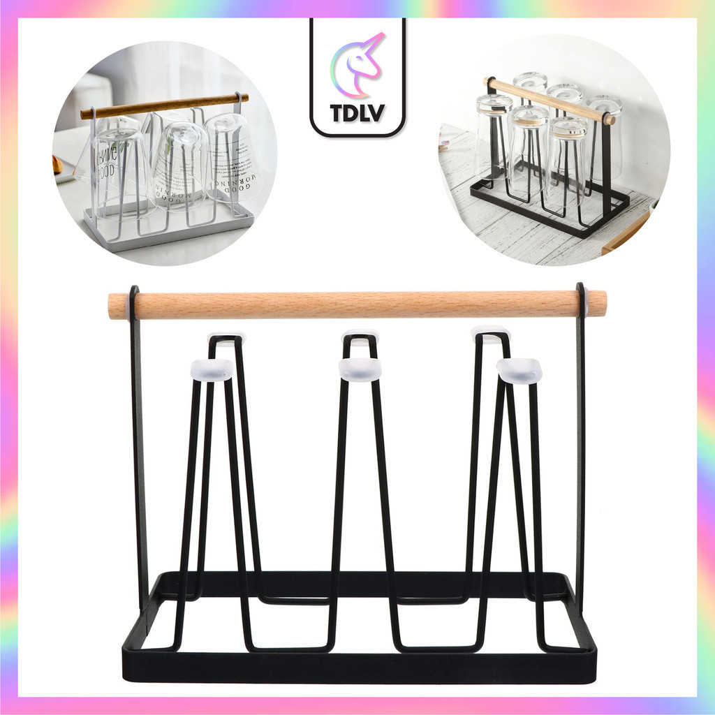 TDLV 6 Cups Mug Glass Stand Cup Holder Wooden Handle Cup Holder Rack ...