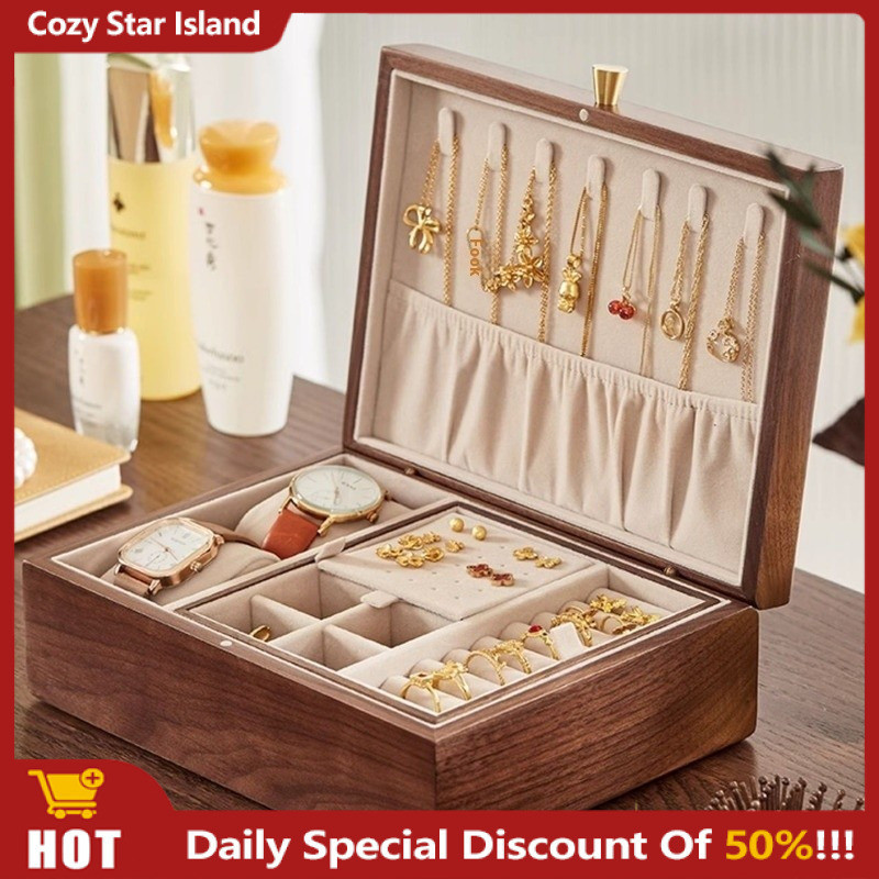 Solid Wood Jewellery Box Hidden Jewellery Organiser Double Layer ...