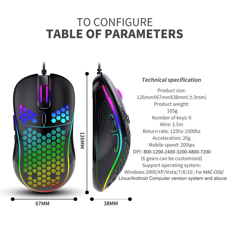 Gaming Mouse RGB LED Backlit Wired Ergonomic Mice 800-7200 DPI for ...