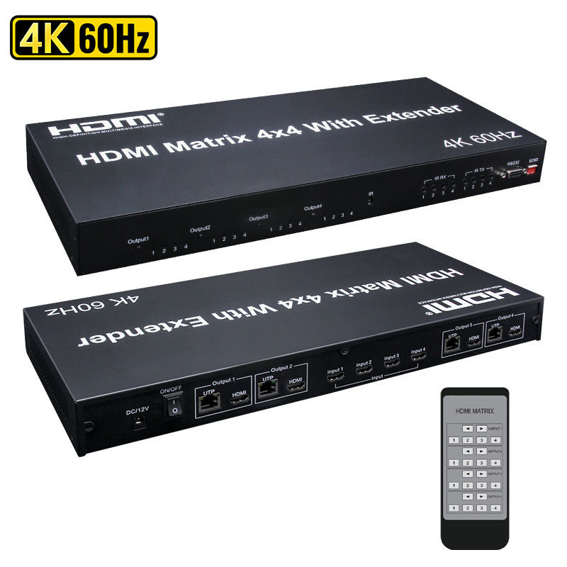 4K 60Hz 4X4 Matrix HDMI 2.0 4x4 HDMI Matrix with Extender Via Cat5e Cat6 Rj45 Ethernet Cable ...