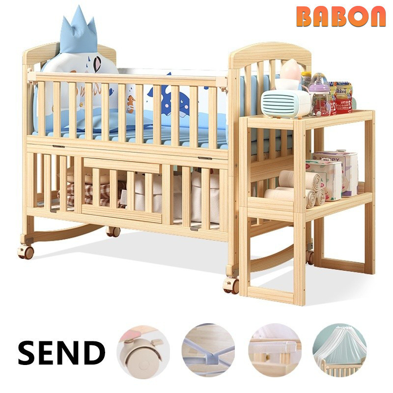 Solid Wood Baby Cot Multifunction Baby Bed Unvarnished Baby Crib ...