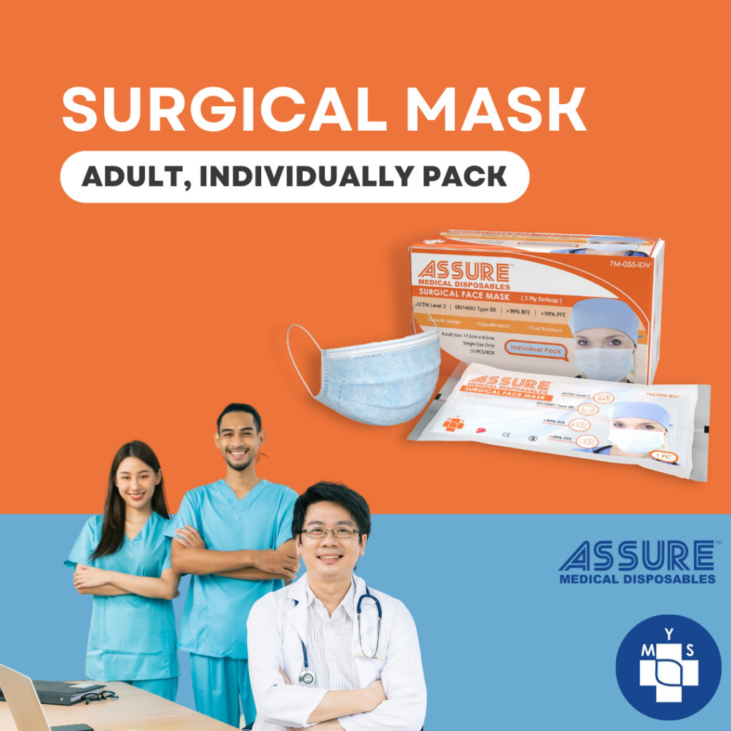 ASSURE Surgical Face Mask 3-Ply With Ear- Loop Individual Packed, 50 ...