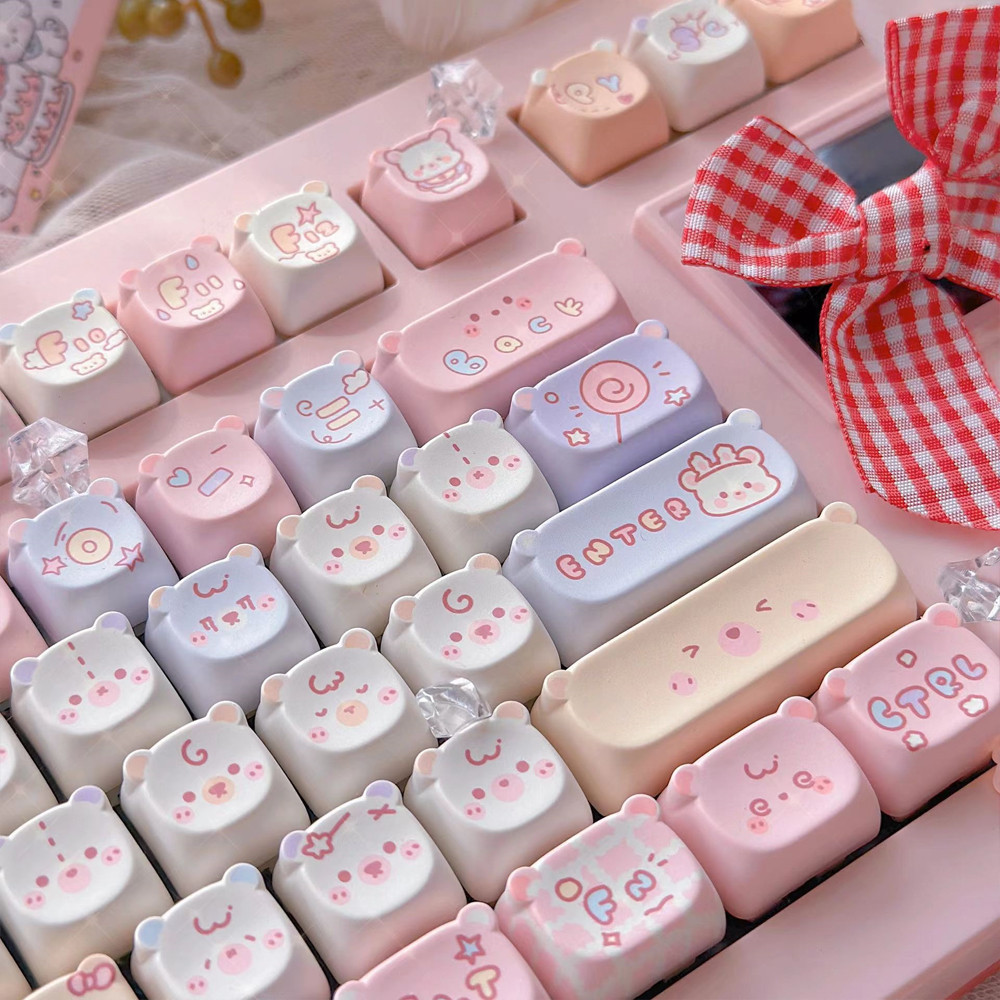 【Unique Bear Head Design】Creative Pink Keycaps EAO Profile Five Sides ...
