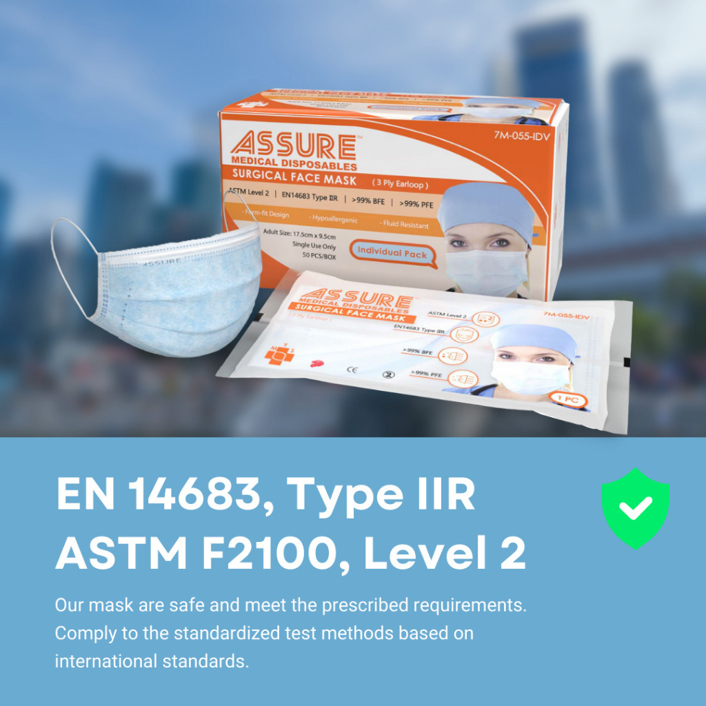 ASSURE Surgical Face Mask 3-Ply With Ear- Loop Individual Packed, 50 ...