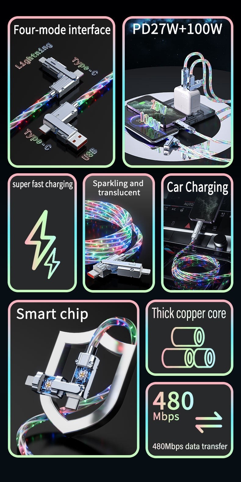 4 in 1 100W starlight Fast Charge Cable Multi-function Phone USB Cable ...