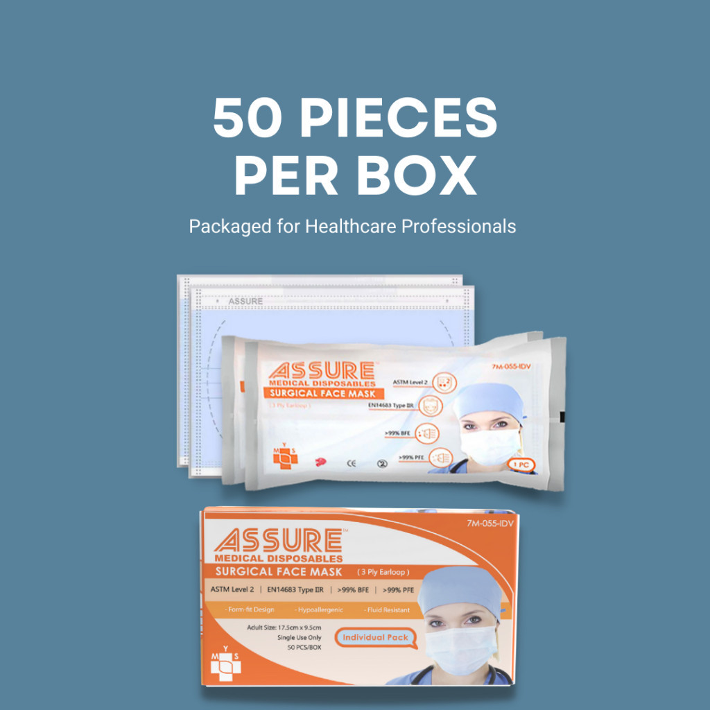 ASSURE Surgical Face Mask 3-Ply With Ear- Loop Individual Packed, 50 ...