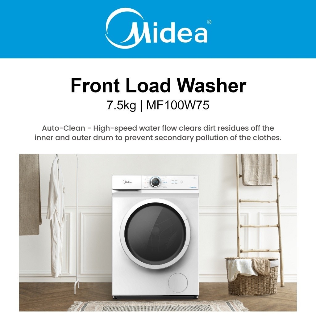 [Online Exclusive] Midea MF100W75 White Front Load Washer, 7.5kg, Water ...