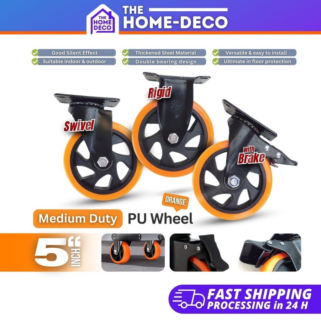 MEDIUM DUTY 5 INCH Caster PU Wheel Orange Rigid Swivel With Brake 360 ...