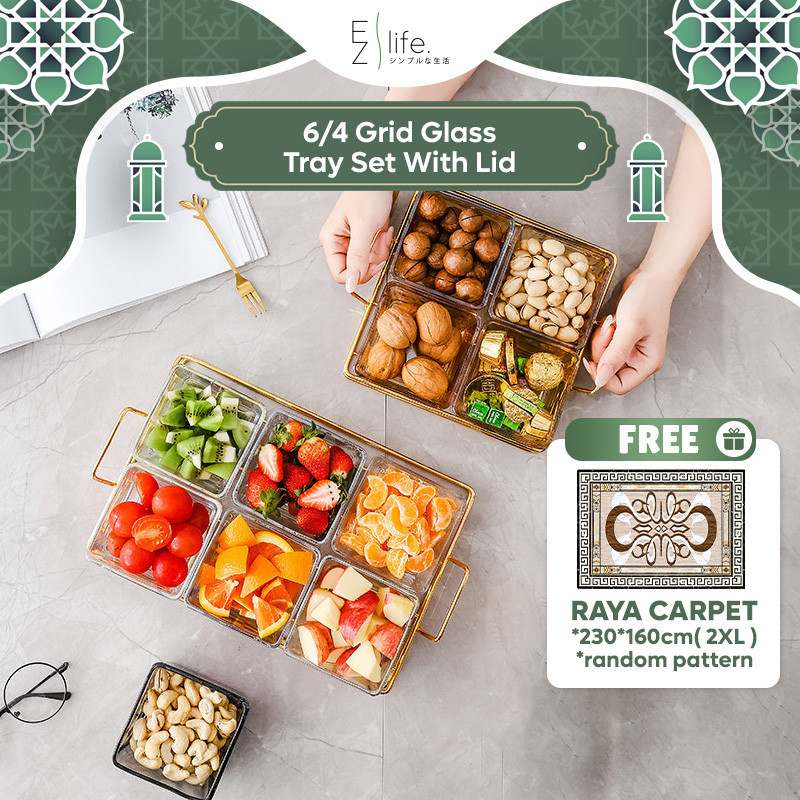 6/4 Grid Glass Tray Set With Lid Fruit Tray Hari Raya Aidilfitri Snack ...