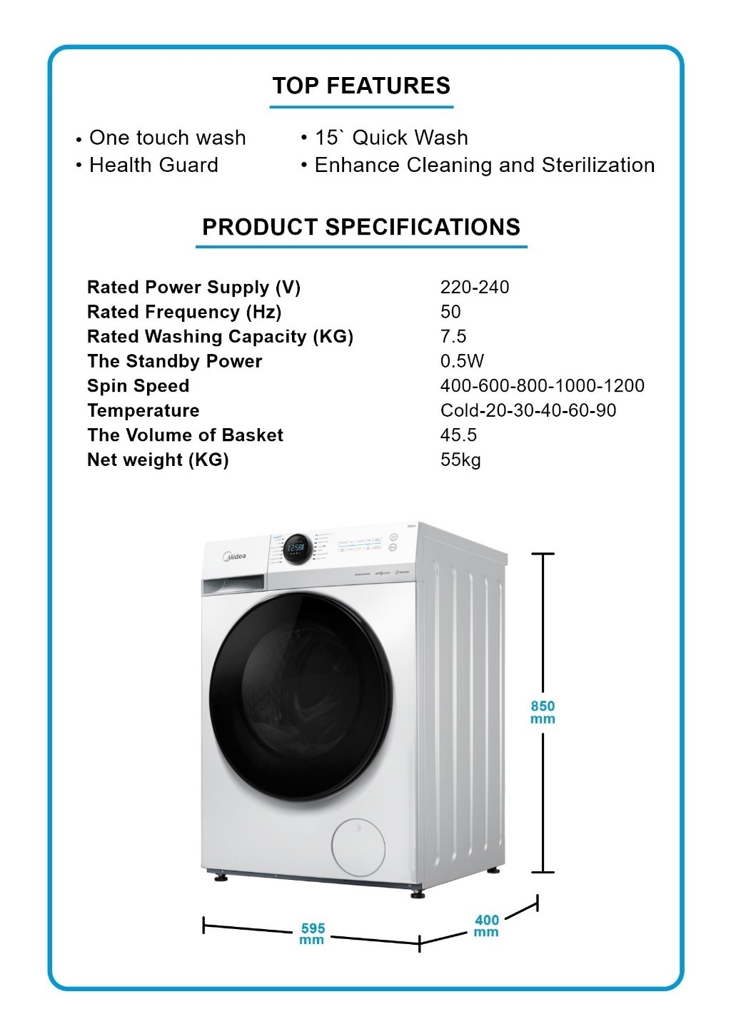 [Online Exclusive] Midea MF100W75 White Front Load Washer, 7.5kg, Water ...