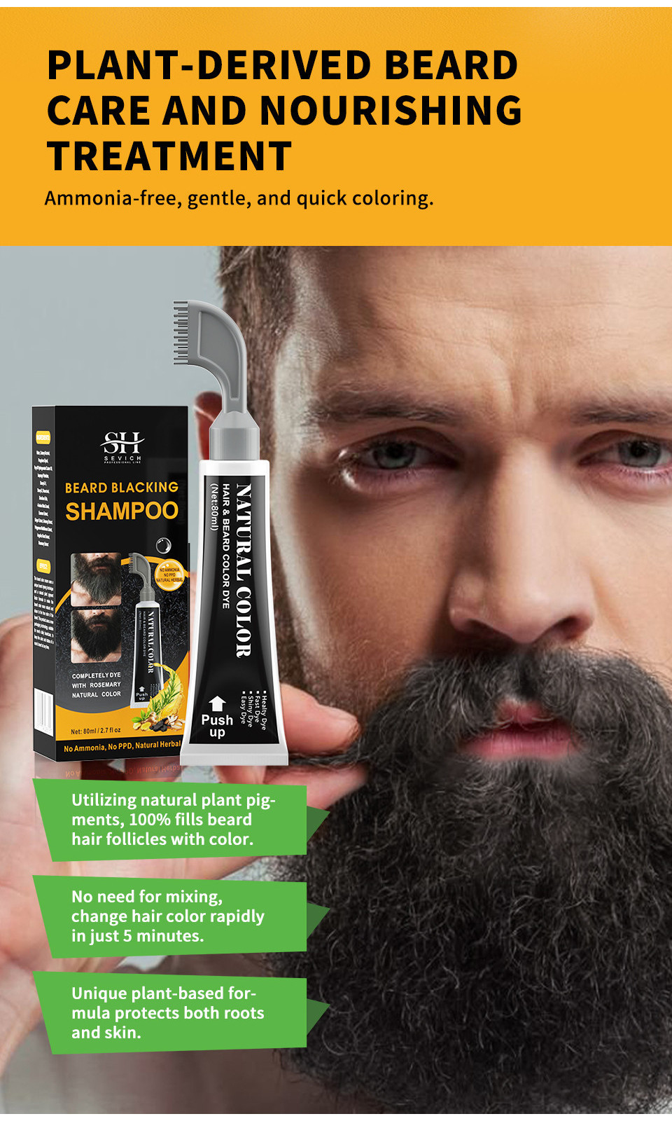 SEVICH Rosemary Beard Blacking Shampoo 80ML 5-minute Fast Blackening ...