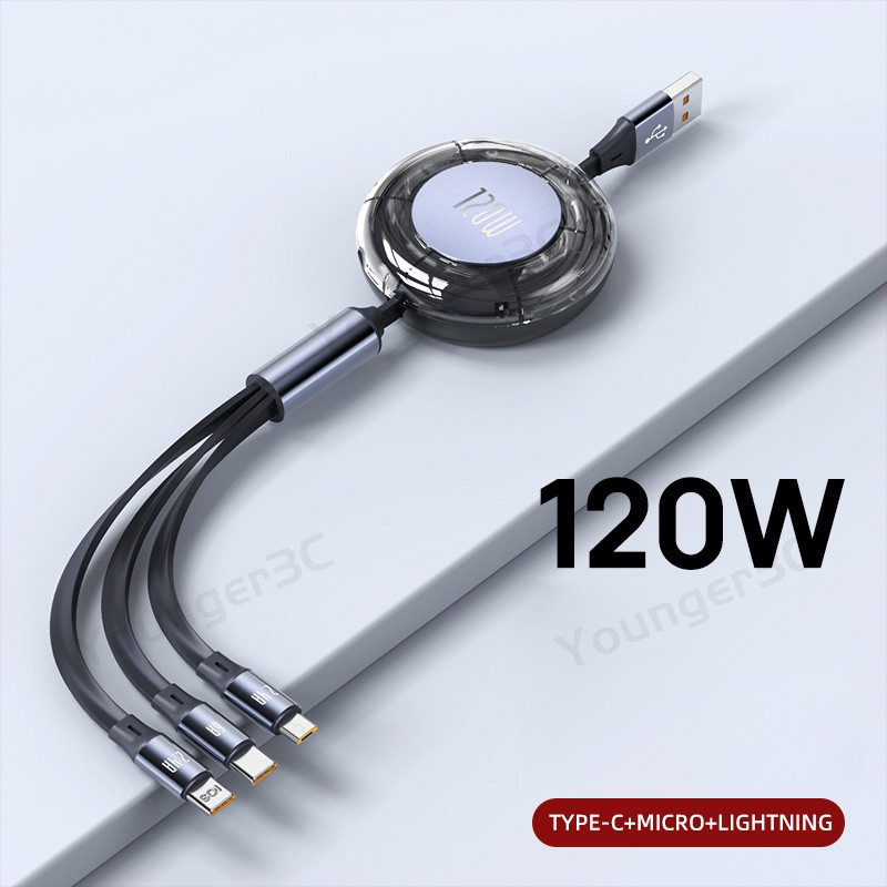 120W 3 in 1 Retractable Fast Charging Cable Micro USB Type C 6A 3in1 ...