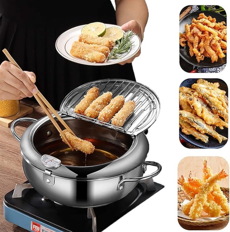 4.2L deep Fryer Pot Japanese Tempura Fryer Pan 304 Stainless Steel with ...