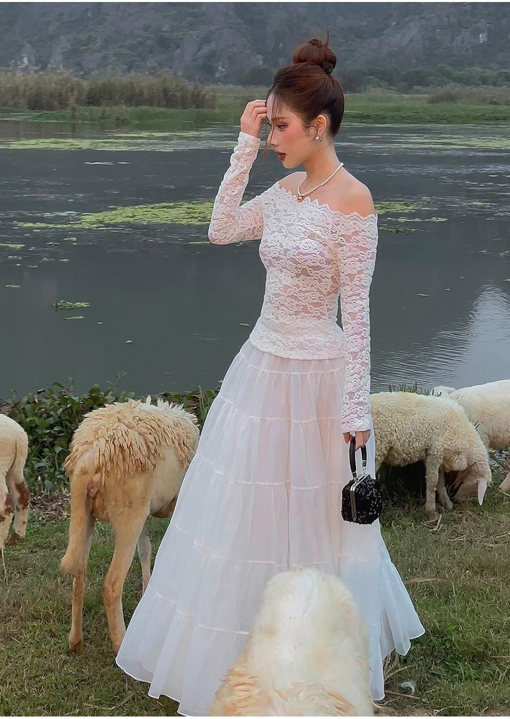 M836 - Lace off-the-shoulder top Set with long layered skirt | Shopee ...