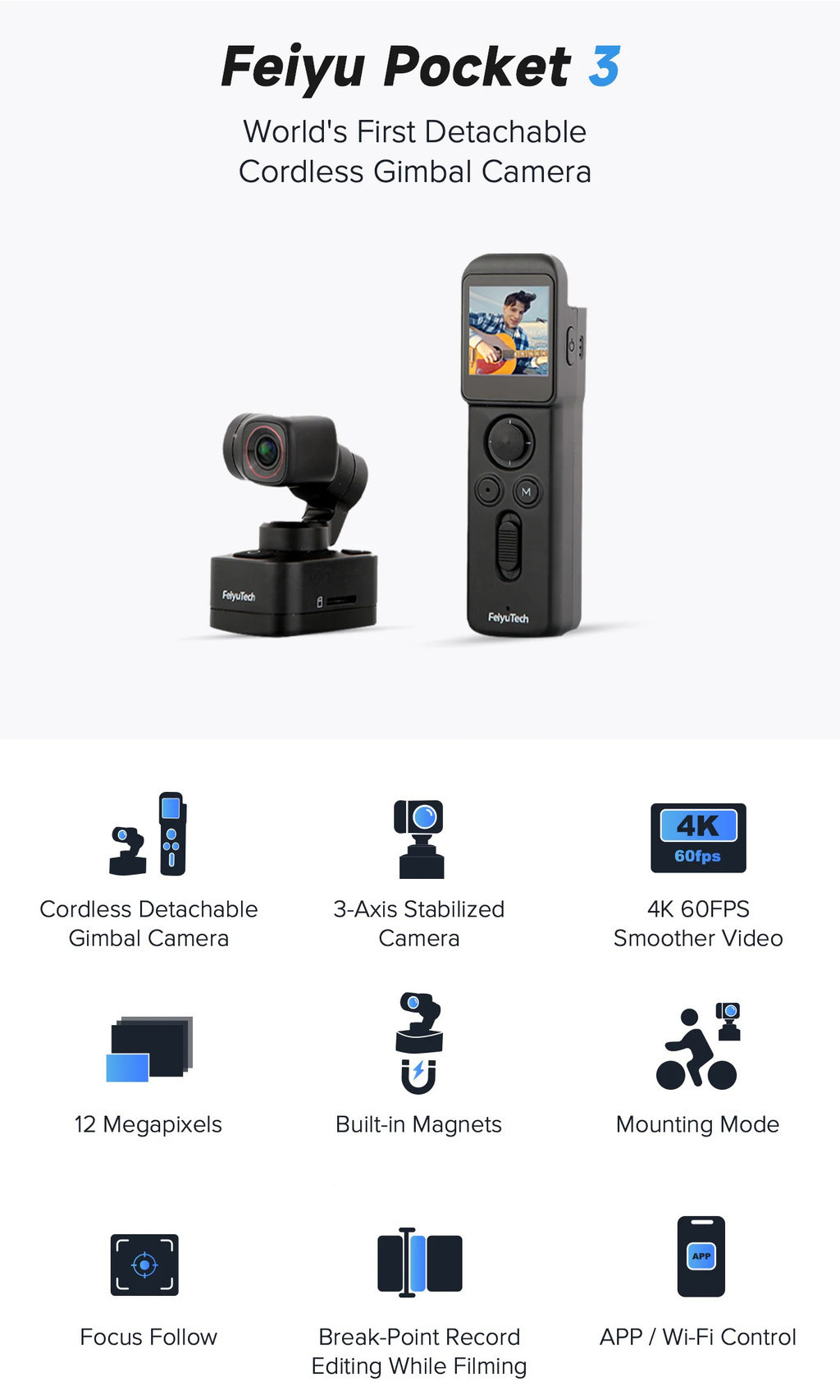 Feiyu Pocket 3 3-Axis Gimbal Stabilized Action Camera 4K 60FPS Pocket ...