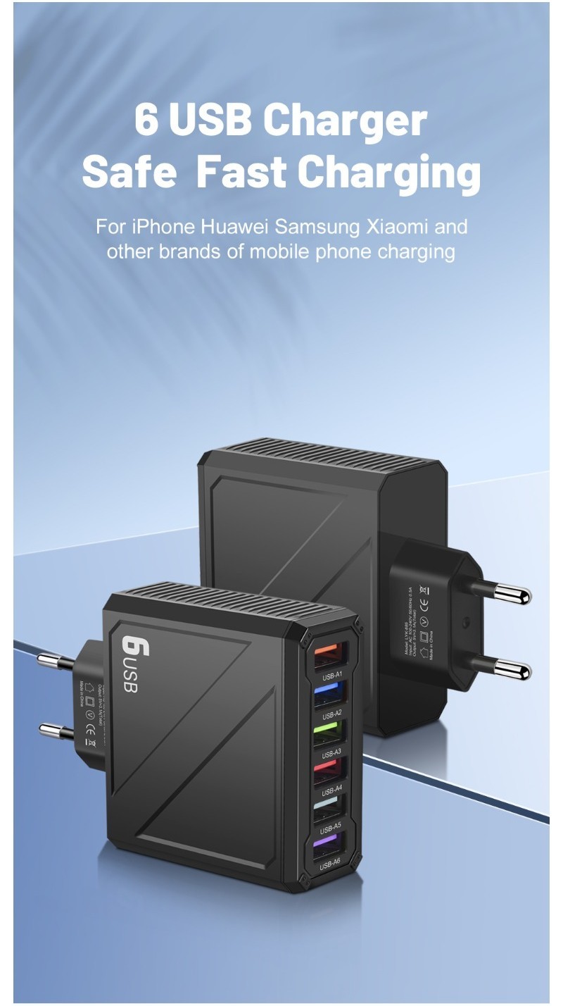 6 Ports 3.1A USB Fast Phone Charger Adapter 6 In1 Mulit EU UK US Plug ...