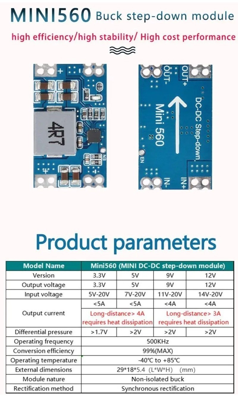 Mini560 / Pro 5A High Efficiency Output 3.3V 5V 9V 12V Step Down DC-DC Converter Voltage ...
