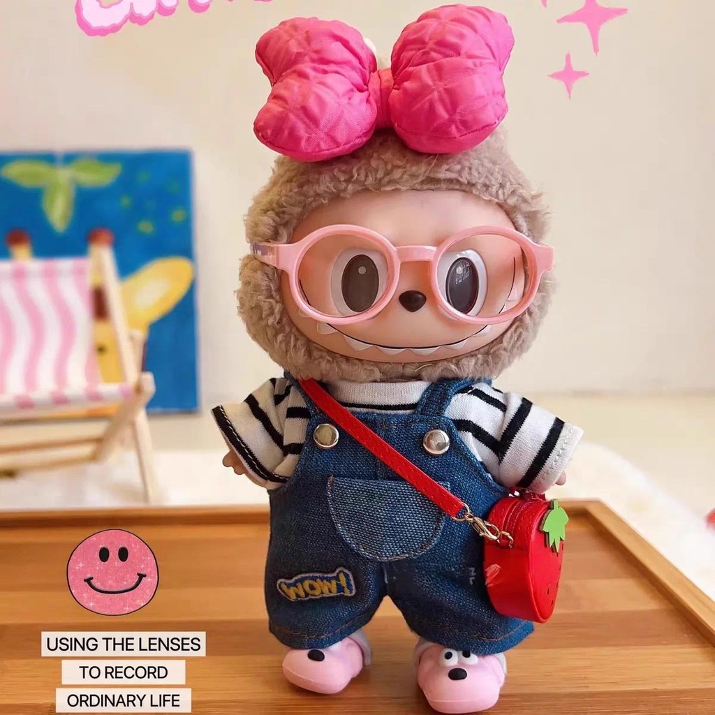 For 17cm Labubu Strap Pants Set Cowboy overalls Pink Glasses Slippers ...