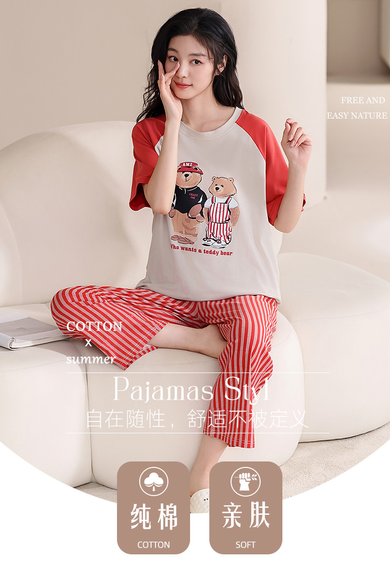 100% Cotton Pajamas Women Pyjamas Set Summer Short Sleeve Sleepwear ...