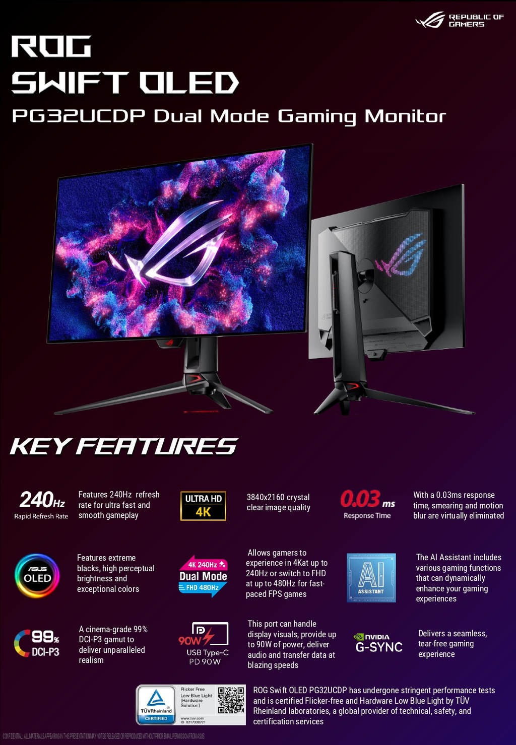 ASUS ROG Swift OLED PG32UCDP Gaming Monitor - 31.5" OLED, Dual Mode (4K 240Hz & FHD 480Hz), 0 ...