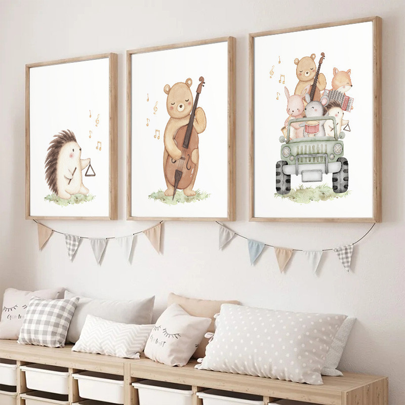 Framed Cute Animals Playing Musical Instruments Nursery Wall Art Music ...