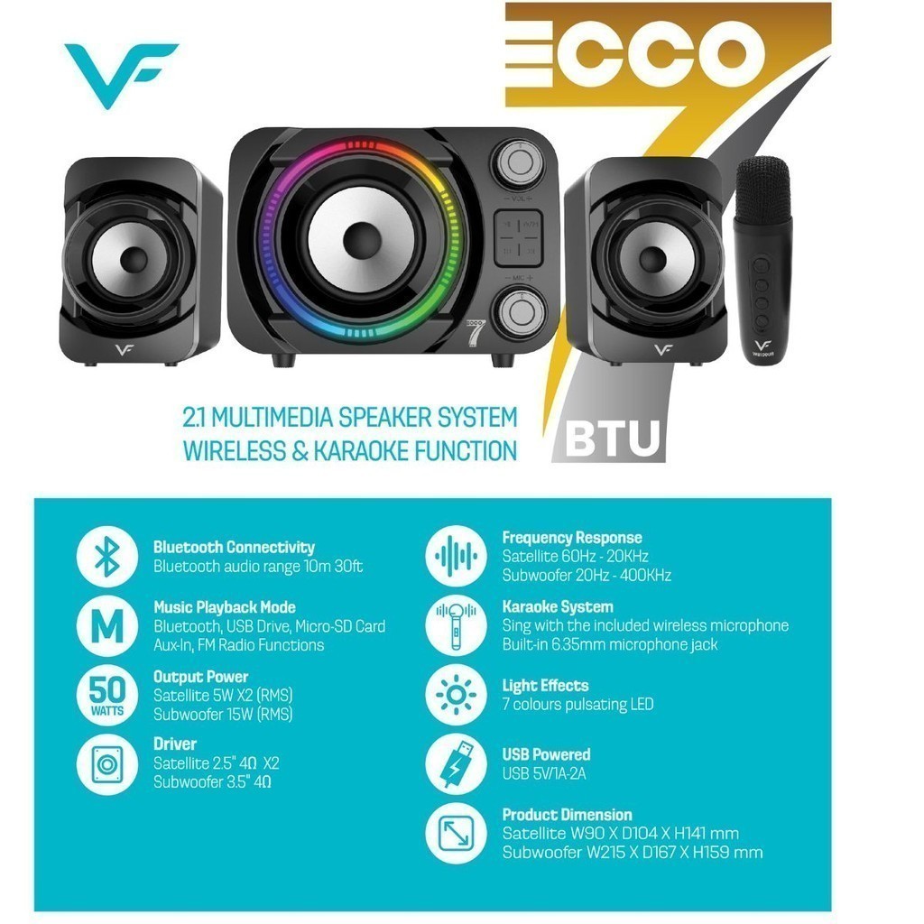 VINNFIER ECCO 7 BTU 2.1 Bluetooth Karaoke Speaker USB Powered 50W Max ...