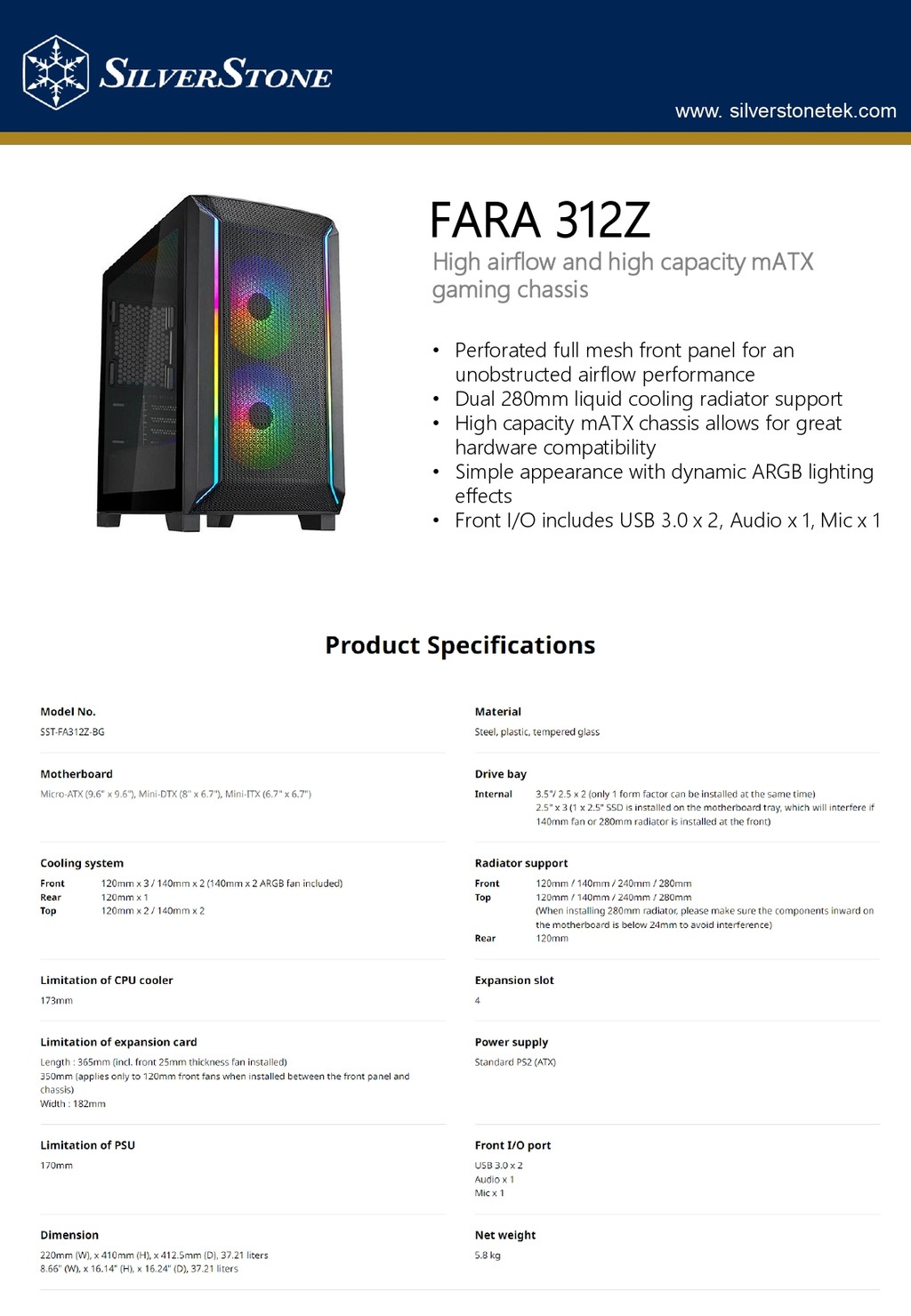 SilverStone FARA 312Z High Airflow mATX Full Mesh ARGB Gaming Chassis ...