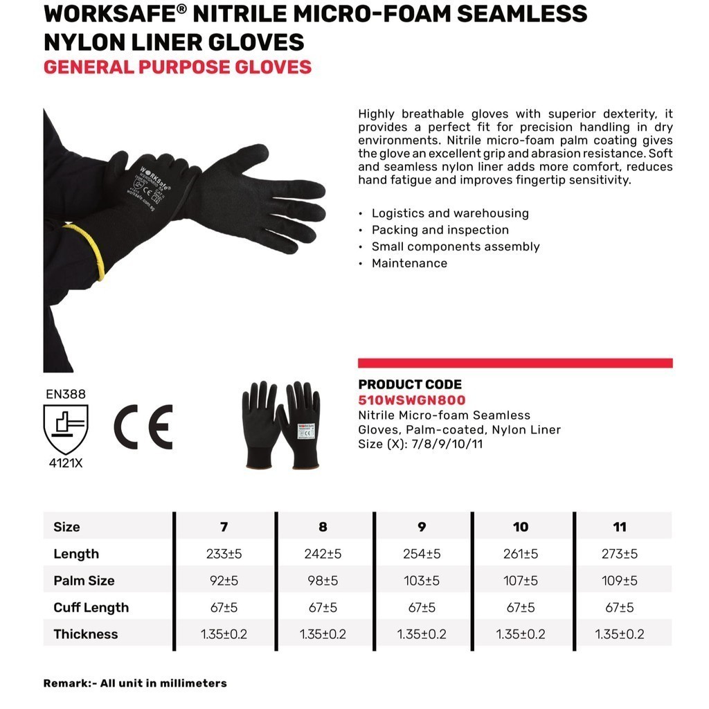 WORKSAFE N800 Breathable Nitrile Micro Foam Seamless Nylon Liner Safety ...