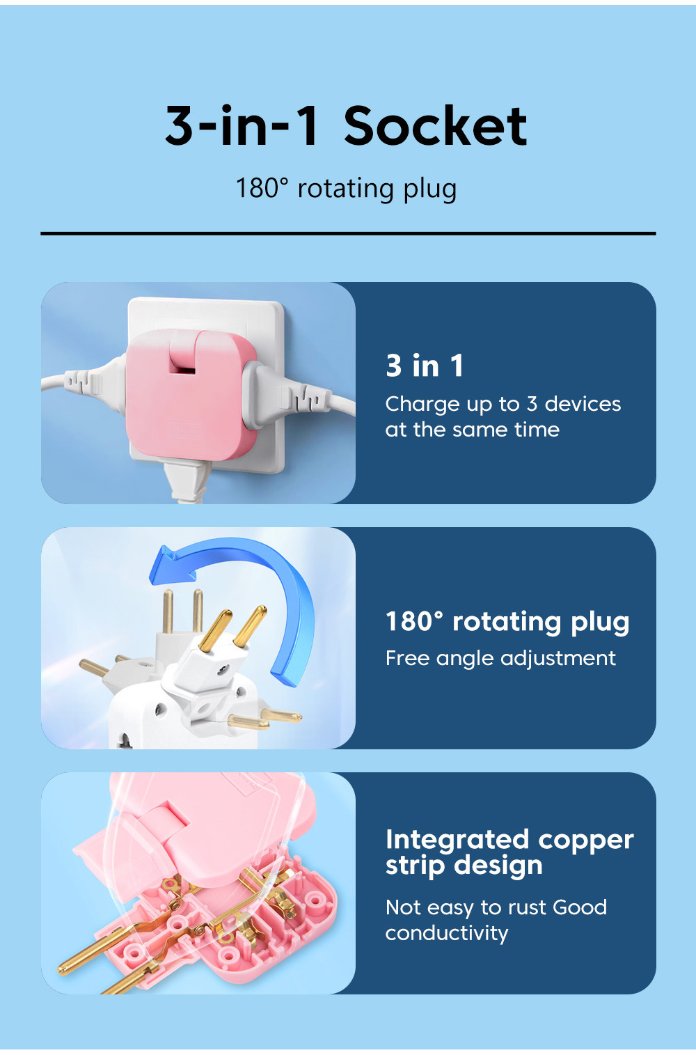 EU Plug 180 Degree Rotatable Socket Converter 3 in 1 US Extension Plug ...