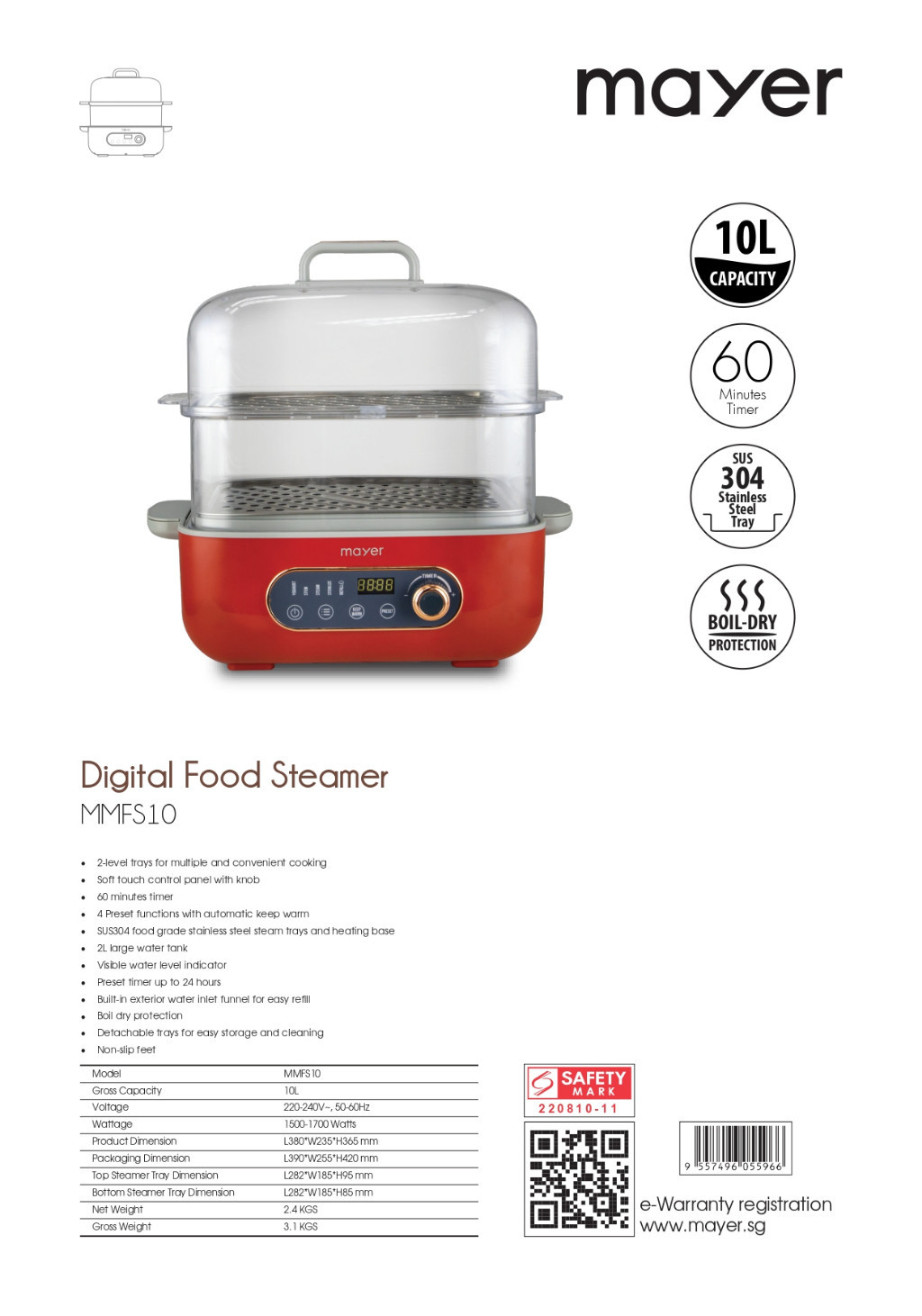 Mayer MMFS10 Digital Food Steamer 10L | Shopee Singapore