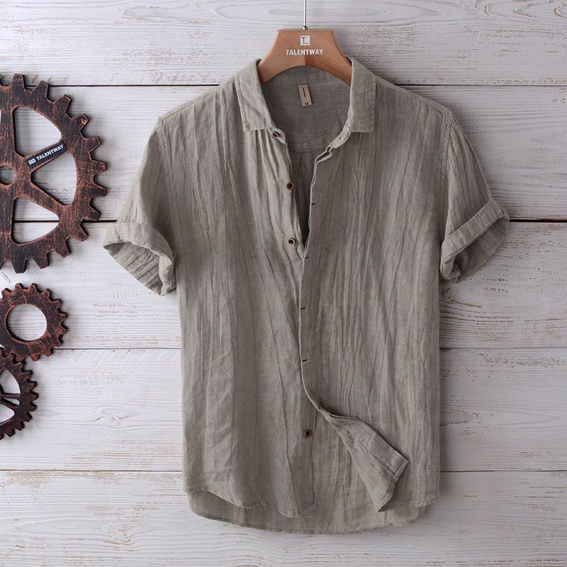 2024 Japanese Retro Linen Short-Sleeved Shirt Men's Summer Casual Thin ...