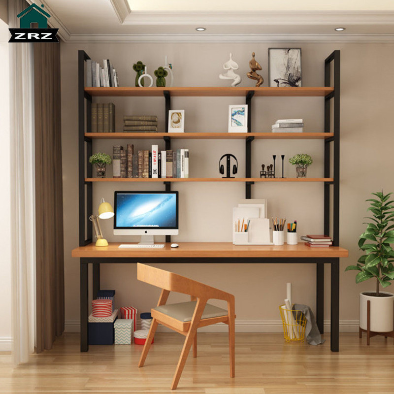 Loft Double Solid Wood Desk Bookshelf Combination Home Office Long ...