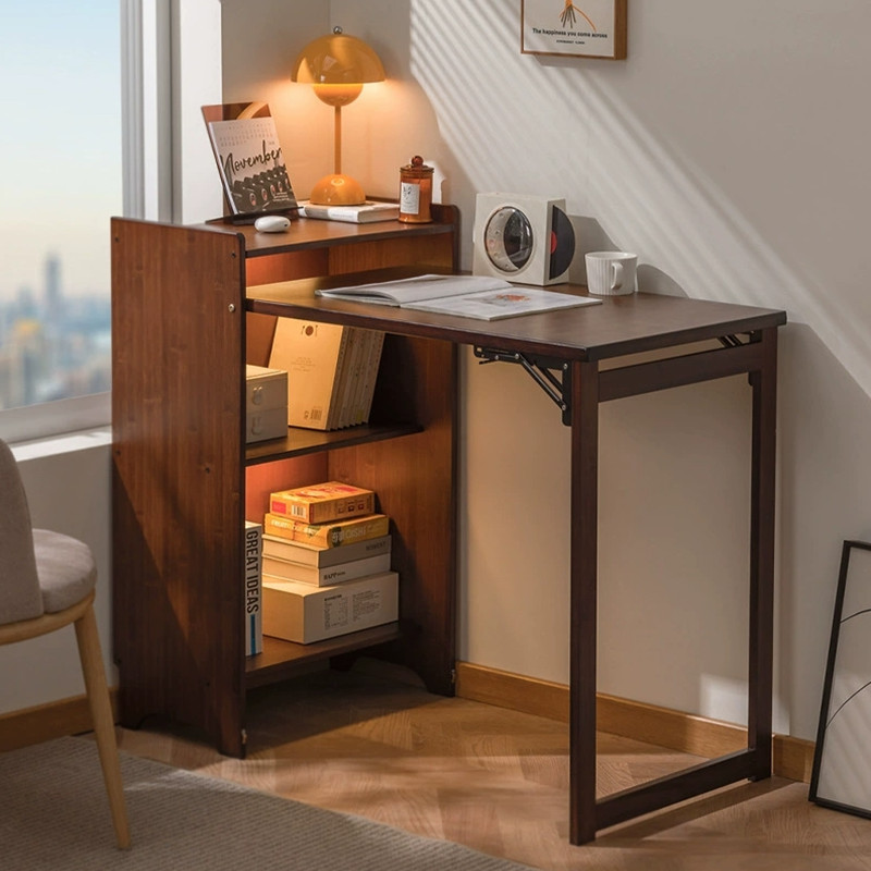 Foldable Desk with Bookshelf, Space-Saving Laptop Table, Small Desk ...