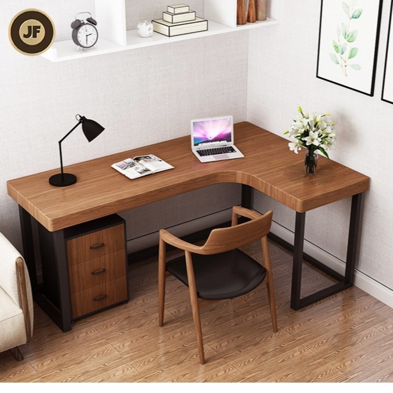 Solid Wood Office Table L-Shaped Computer Desk Iron Art Desktop ...