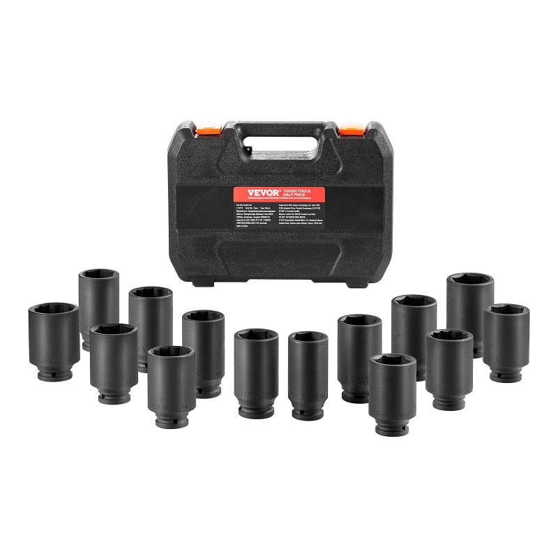 VEVOR Axle Nut Impact Socket Set 1/2" Drive Deep 6 12-Point 14-Piece ...